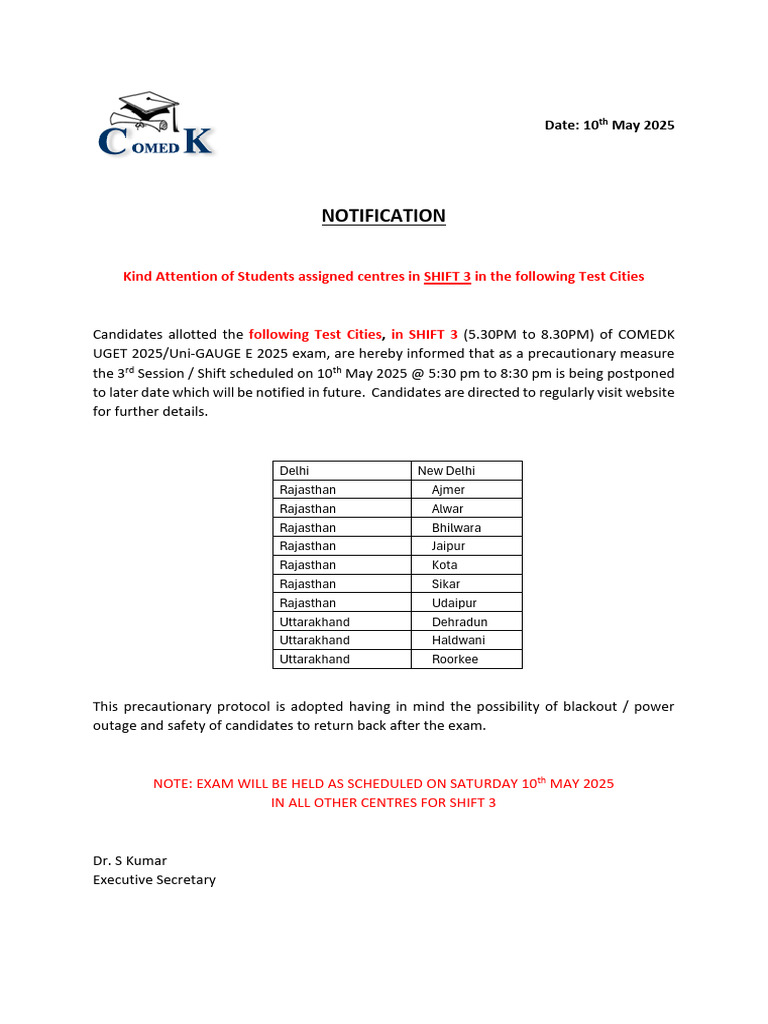 Notification Postponement 3rd Shift Few Centres Only | PDF