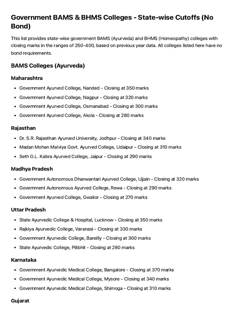 Government BAMS & BHMS Colleges State Wise Cutoffs No Bond | PDF | Ayurveda | Medicine