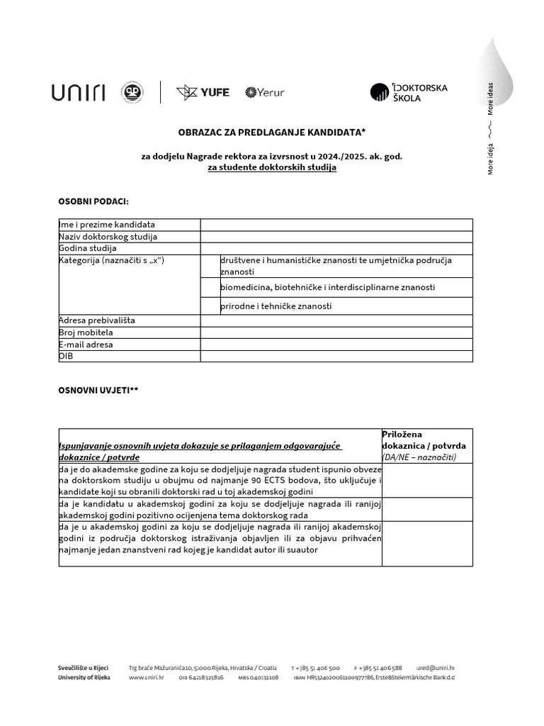 Obrazac Za Predlaganje Kandidata 2025 | PDF
