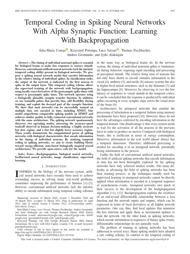 Temporal Coding in Spiking Neural Networks With Alpha Synaptic Function ...