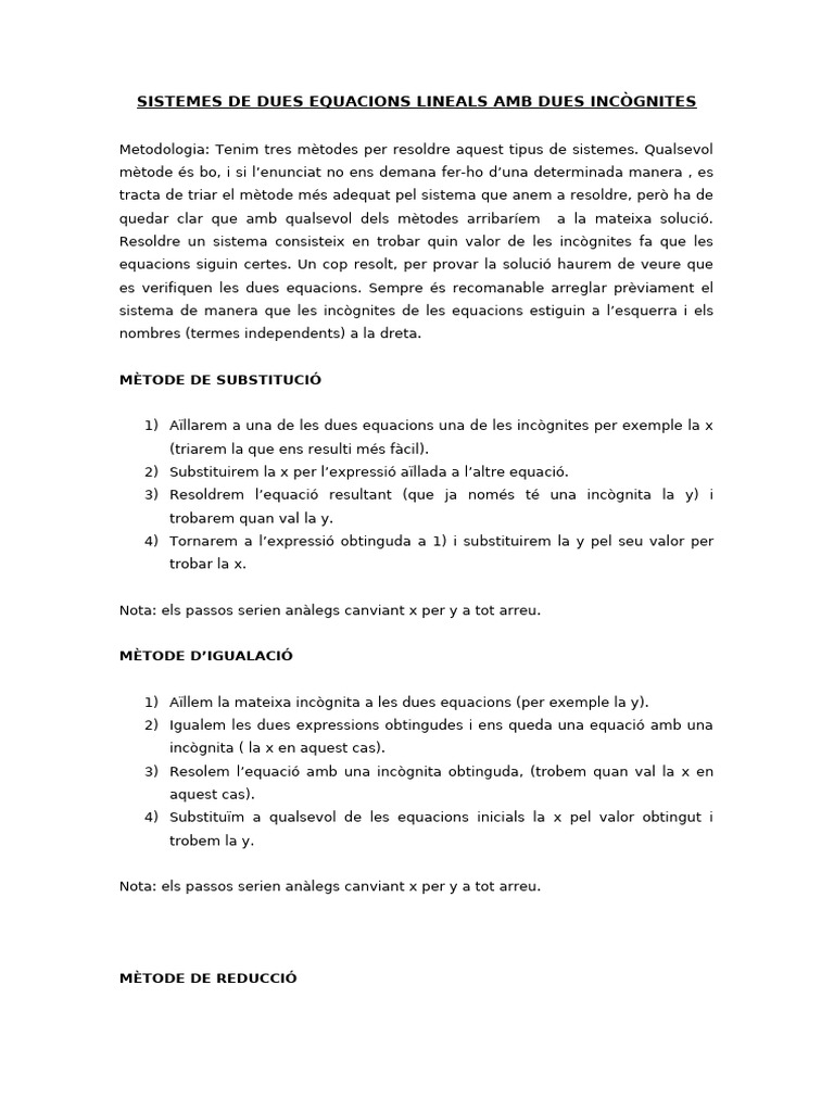 Explicació Sistemes D'equacions Lineals | PDF
