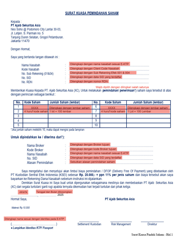 Surat Kuasa Pemindahan Saham 2025 | PDF