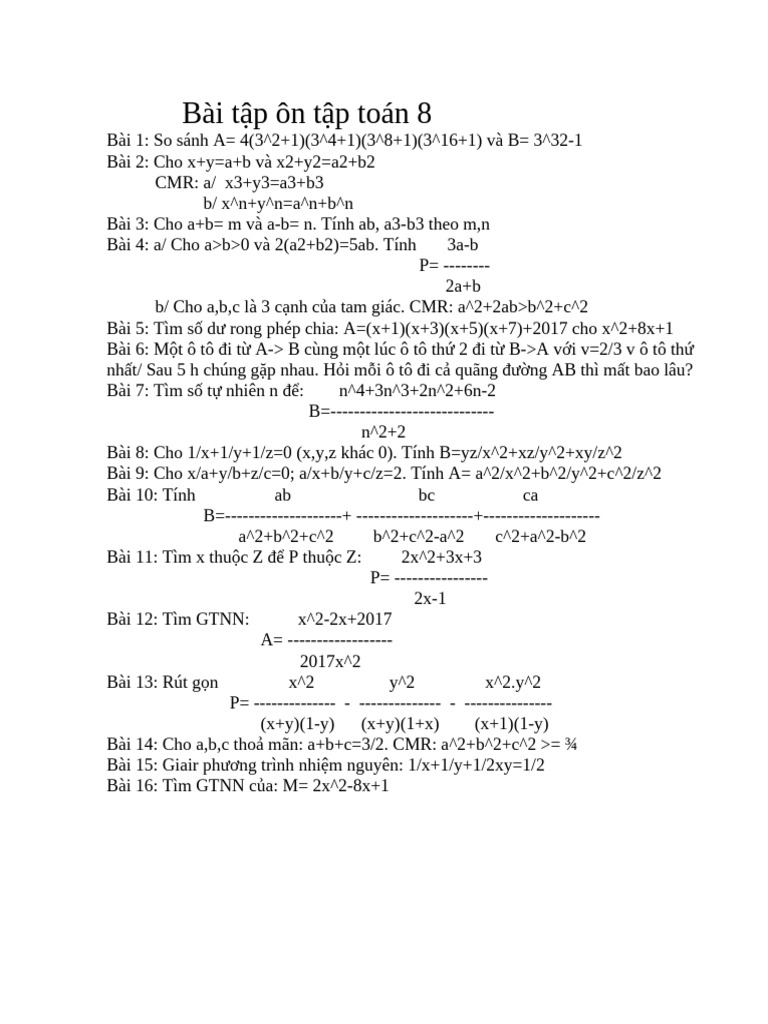 Bài tập ôn tập toán 8 | PDF
