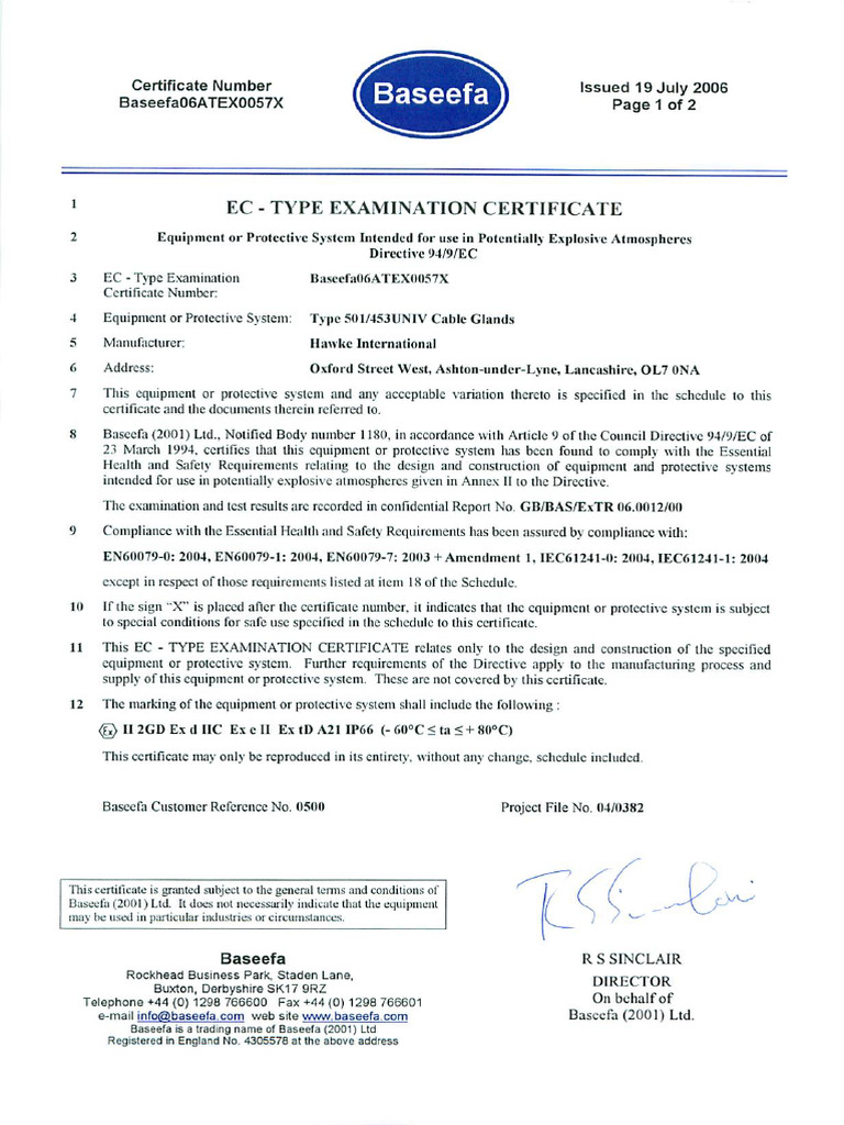 Baseefa06ATEX0057X 501453univ | PDF