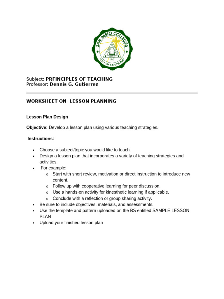 WORKSHEET ON LESSON PLANNING | PDF