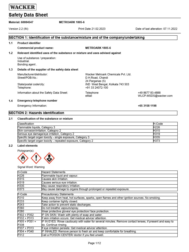 MSDS of Metroark 1805-6 | PDF | Dangerous Goods | Toxicity