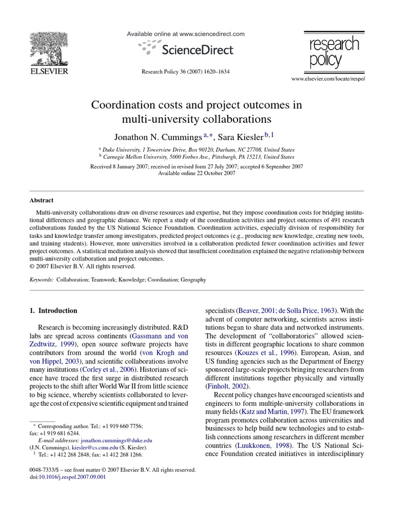 Coordination Costs and Project Outcomes in Multi-University ...