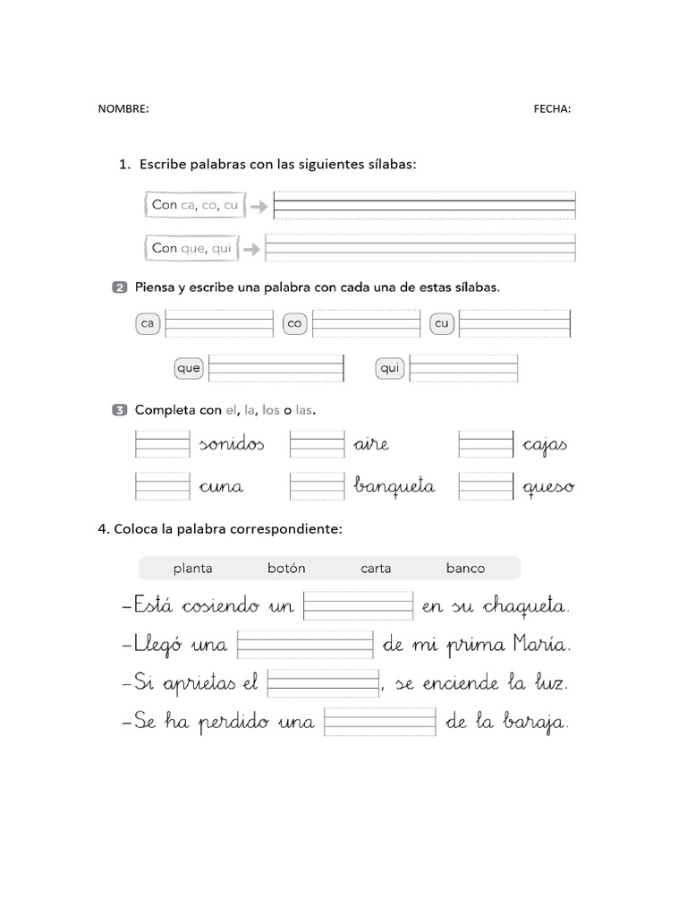 Ejercicios de Sílabas y Palabras | PDF