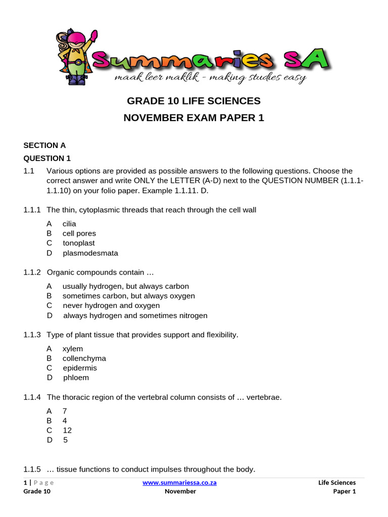 Grade 10 Life Sciences November P1 | PDF | Tissue (Biology) | Cell ...