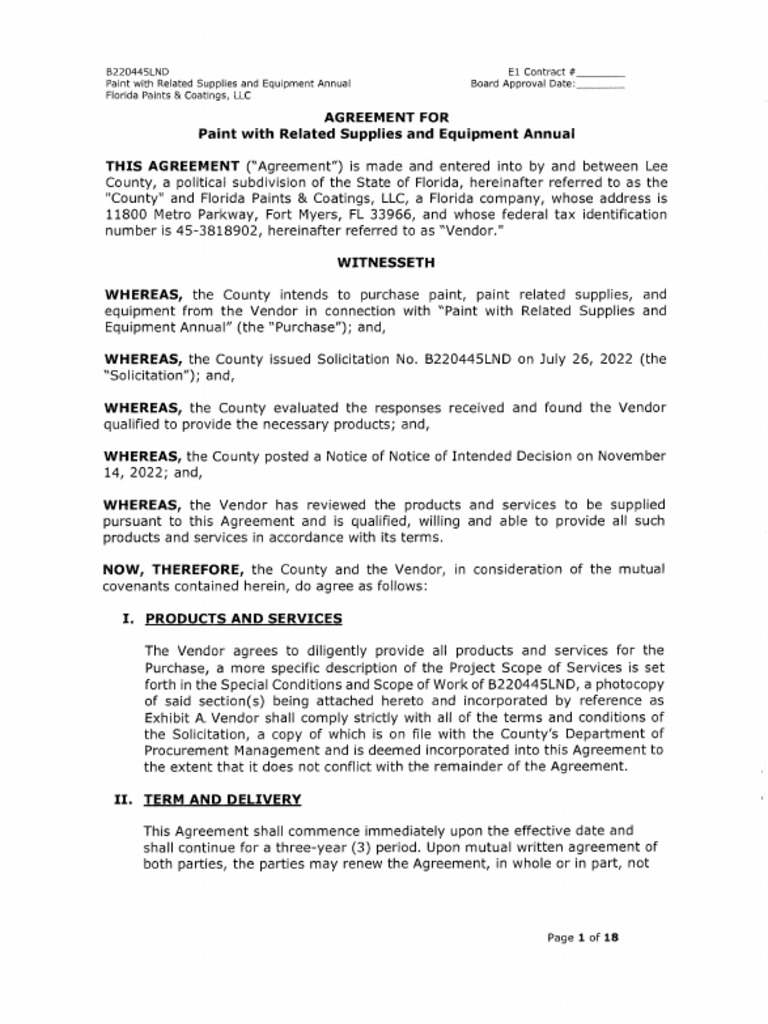 B220445LND Florida Paints Executed Contract OCR | PDF | Indemnity | Assignment (Law)