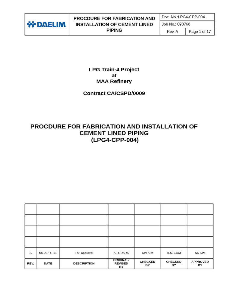 Procedure For Fabrication and Installation of Cement Lined Pipe Rev.A1 ...