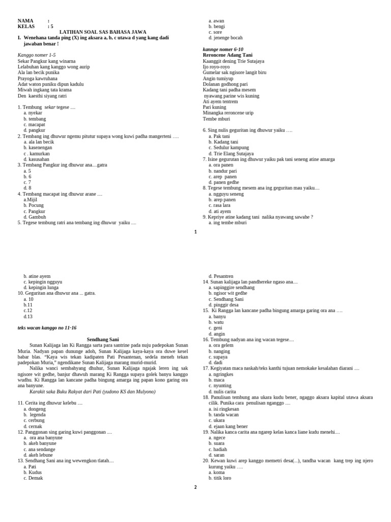 Sas Bahasa Jawa Kelas 5 | PDF
