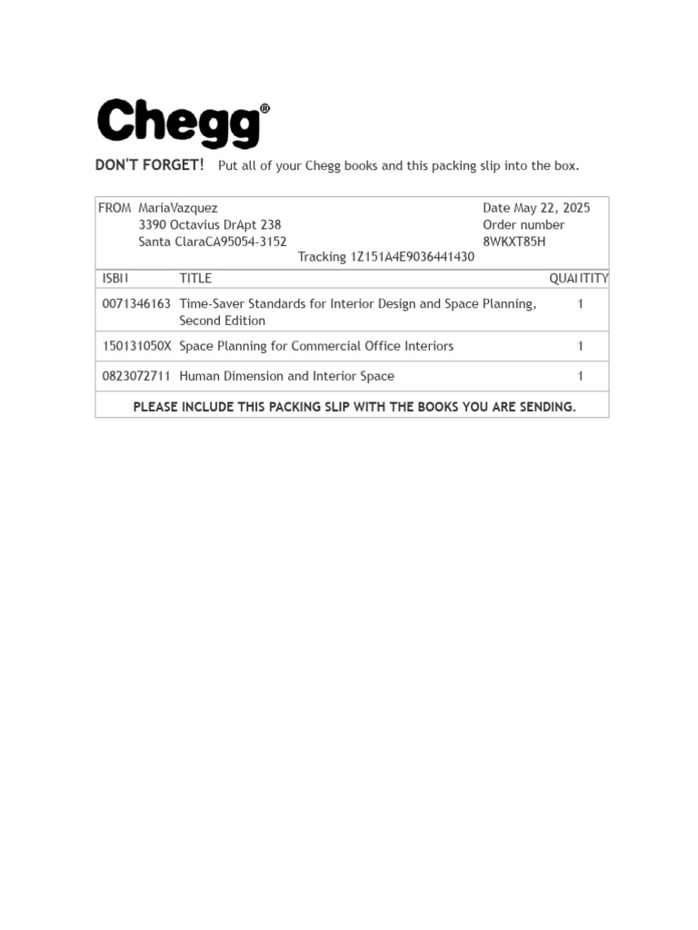 Chegg - Packing Slip and Return Label 2025 Textbooks | PDF