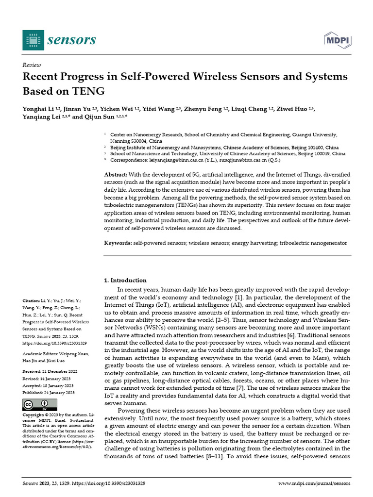 Recent Progress in Self-Powered Wireless Sensors A | PDF | Electric Current | Physical Phenomena