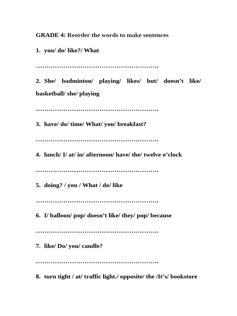 Grade 4 Sentence Reordering Exercise | PDF