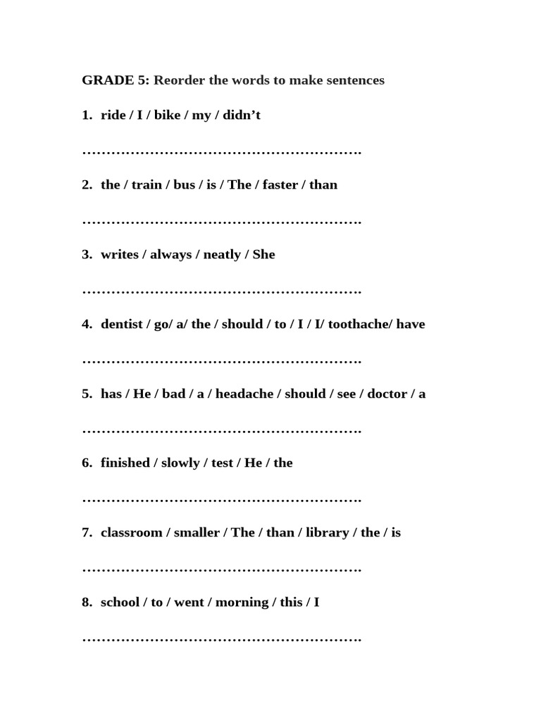Grade 5 Sentence Reordering Exercise | PDF