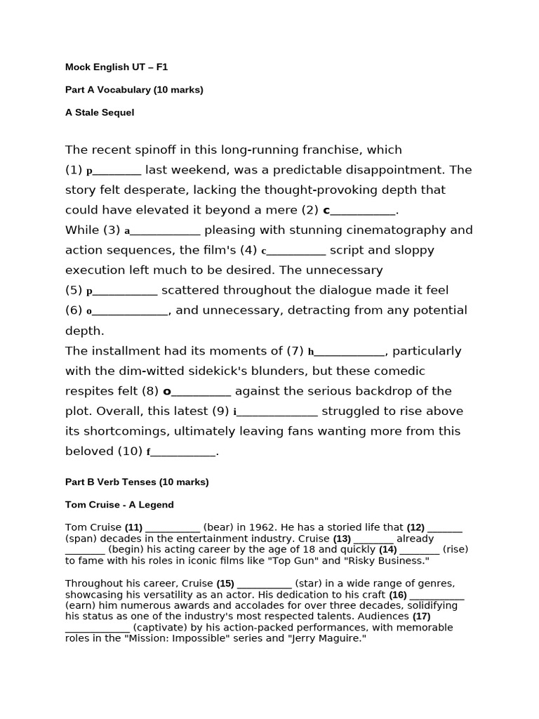 English UT Mock Exam: Vocabulary & Grammar | PDF