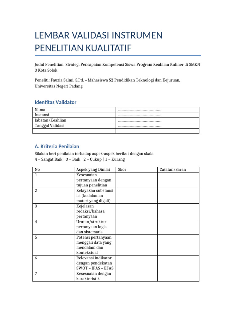 Lembar Validasi Instrument Kualitatif | PDF