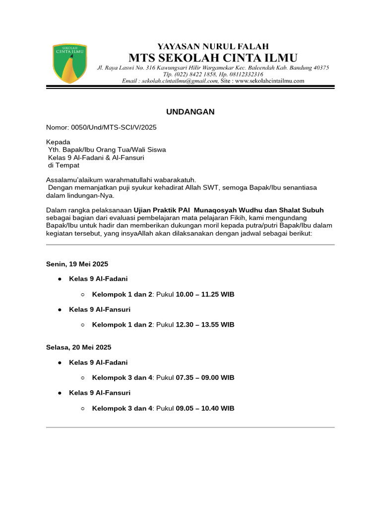 Undangan Ujian Praktik PAI Kelas 9 | PDF
