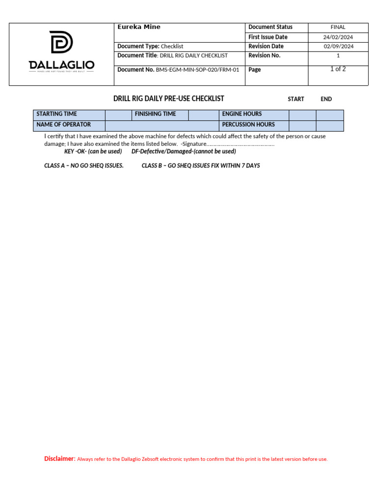 Drill Rig Checklist_New | PDF