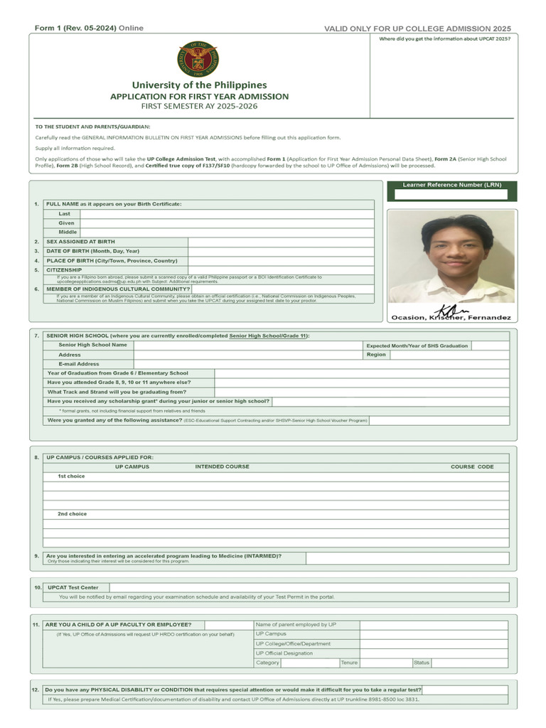 Upcat 2025 Form1 1252831444 | PDF | Metro Manila