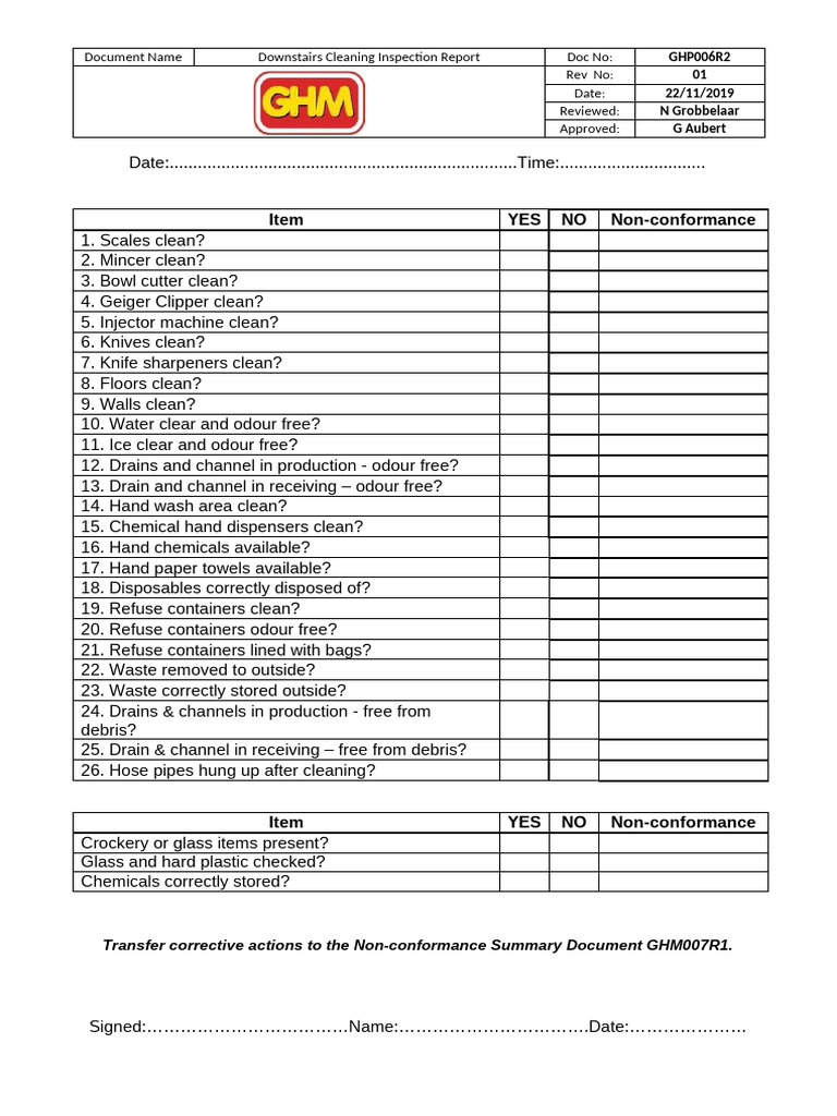GHP006R2 - Downstairs Cleaning Inspection Report | PDF