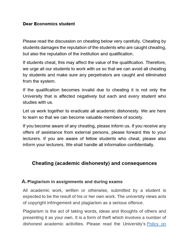 Cheating (academic dishonesty) Department of Economics | PDF | Academic ...