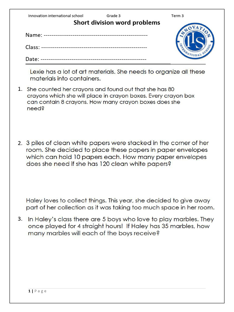 Short Division Word Problem | PDF