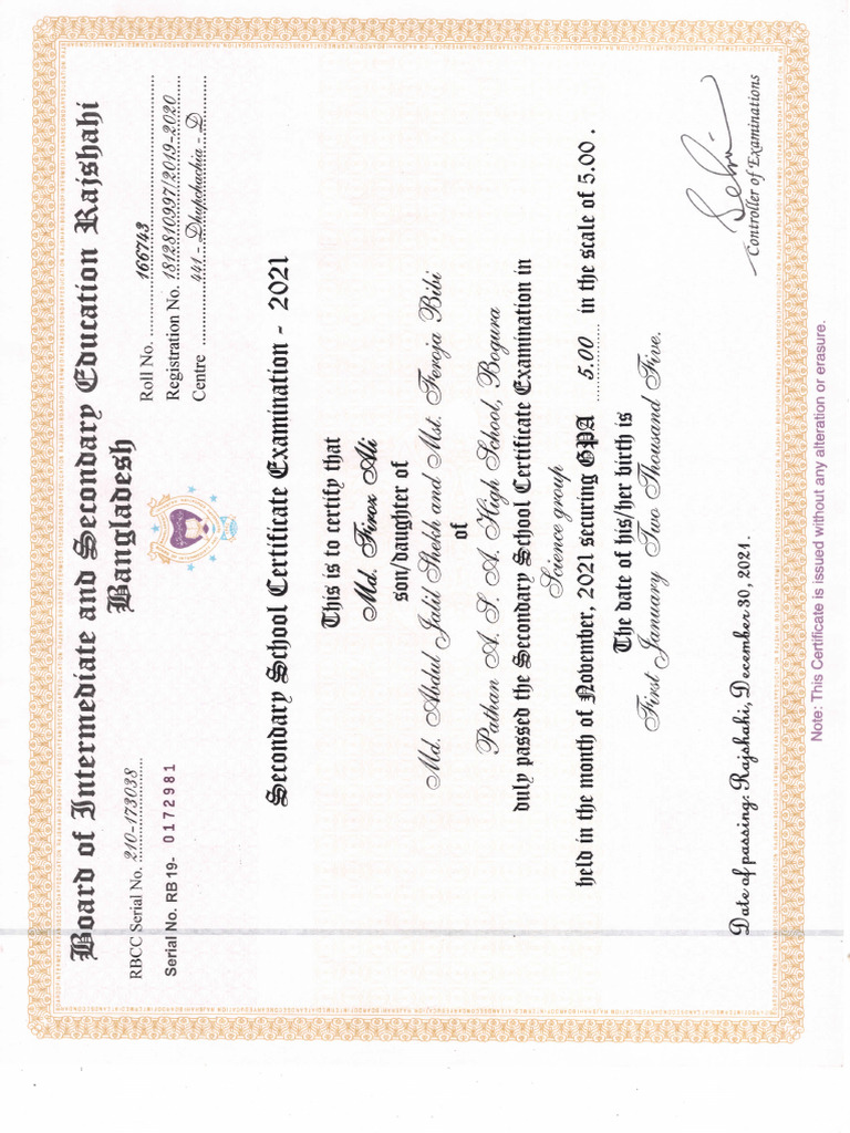 SSC Certificate Firoz | PDF