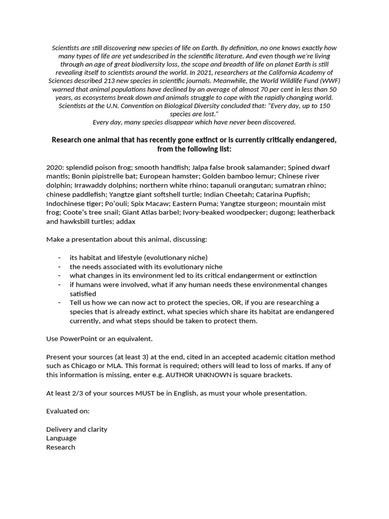 Animals Research Project Instruction Sheet | PDF | Endangered Species ...