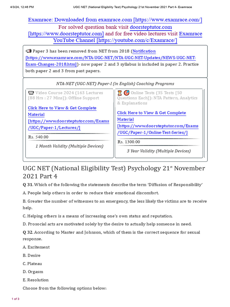 UGC NET Psychology Exam Insights | PDF | Ethology | Synapse