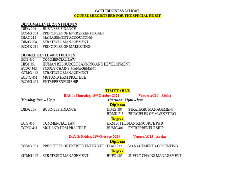 GCTU Business School Re-Sit Timetable | PDF
