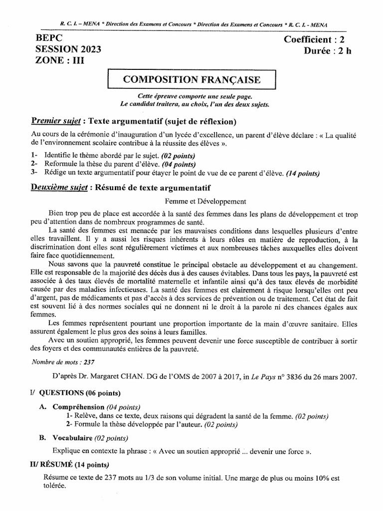 RCI BEPC 2023 CF Zone III | PDF