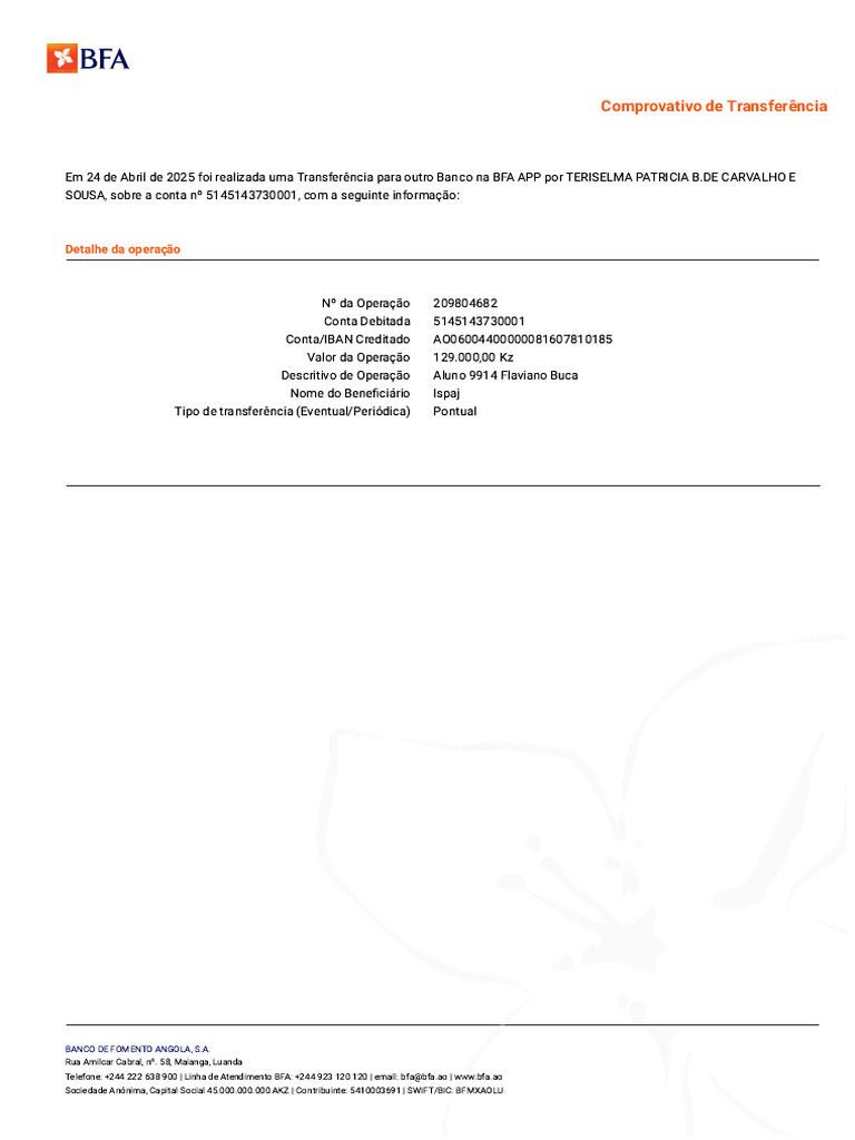 Comprovativo de Transferência BFA 2025 | PDF