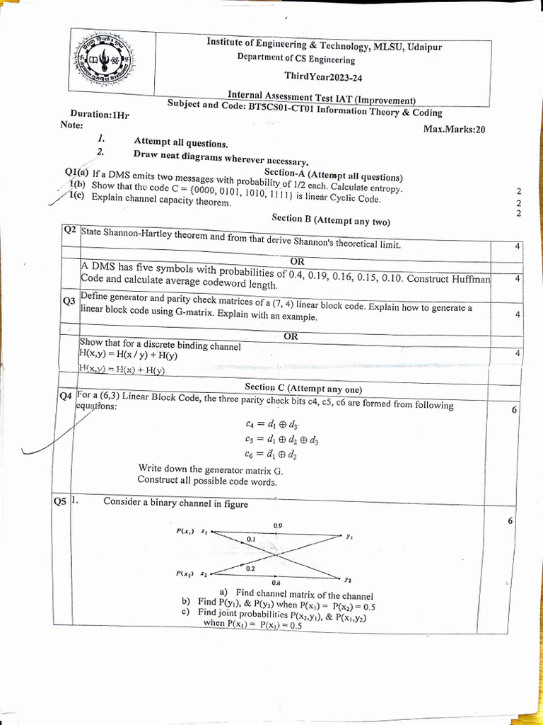 ITC - Mid Term 2024 - V Sem - CSE - BTech | PDF | Statistical Theory | Theoretical Computer Science