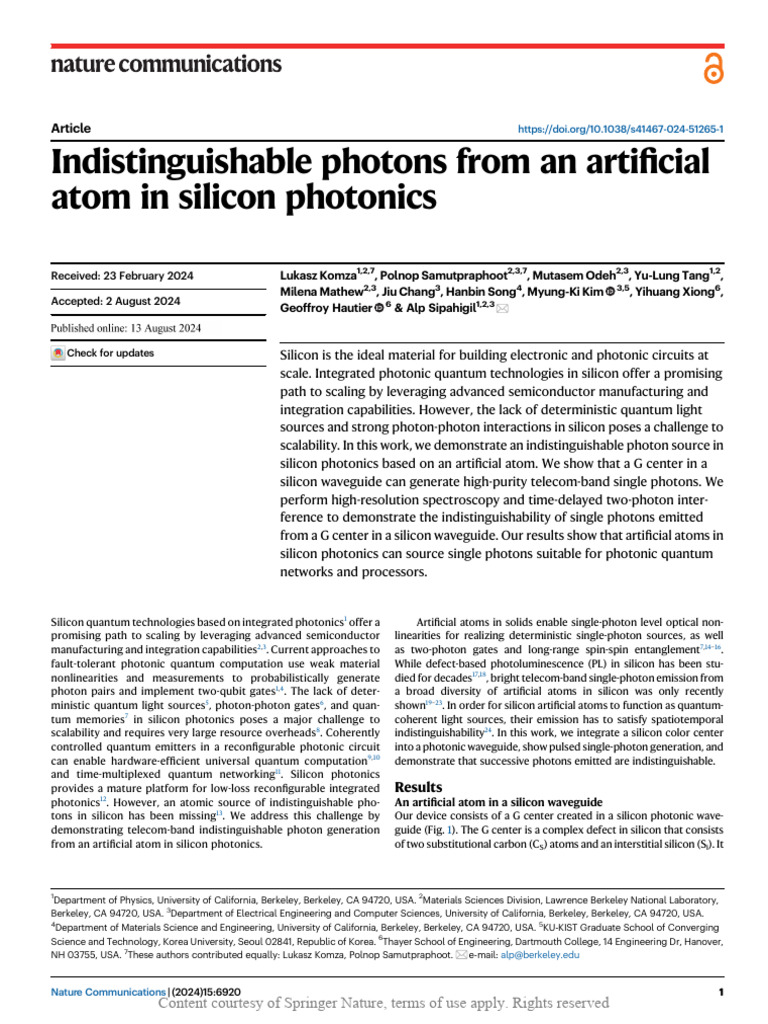 Indistinguishable Photons From An Artificial Atom | PDF | Photon | Photonics