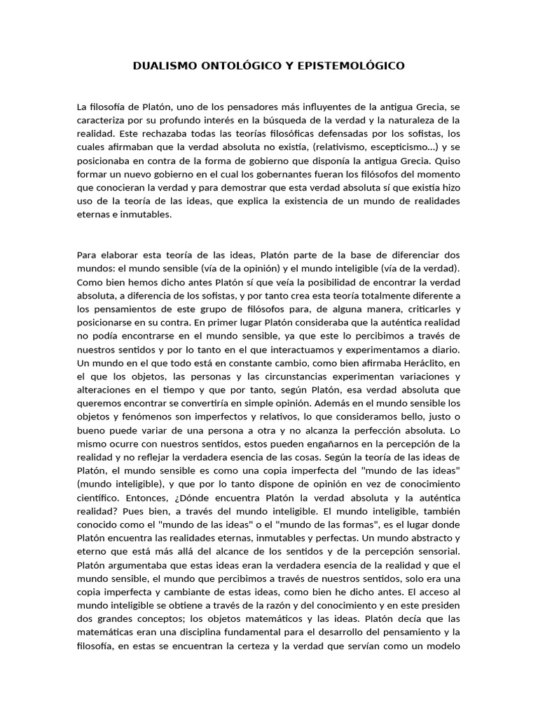 Dualismo Ontológico y Epistemológico | PDF | Platón | Verdad