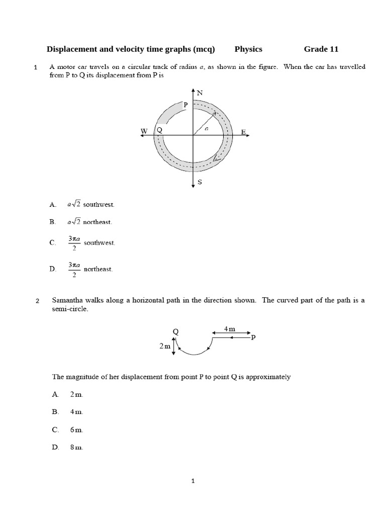 Displacement and Velocity Time Graphs MCQ | PDF
