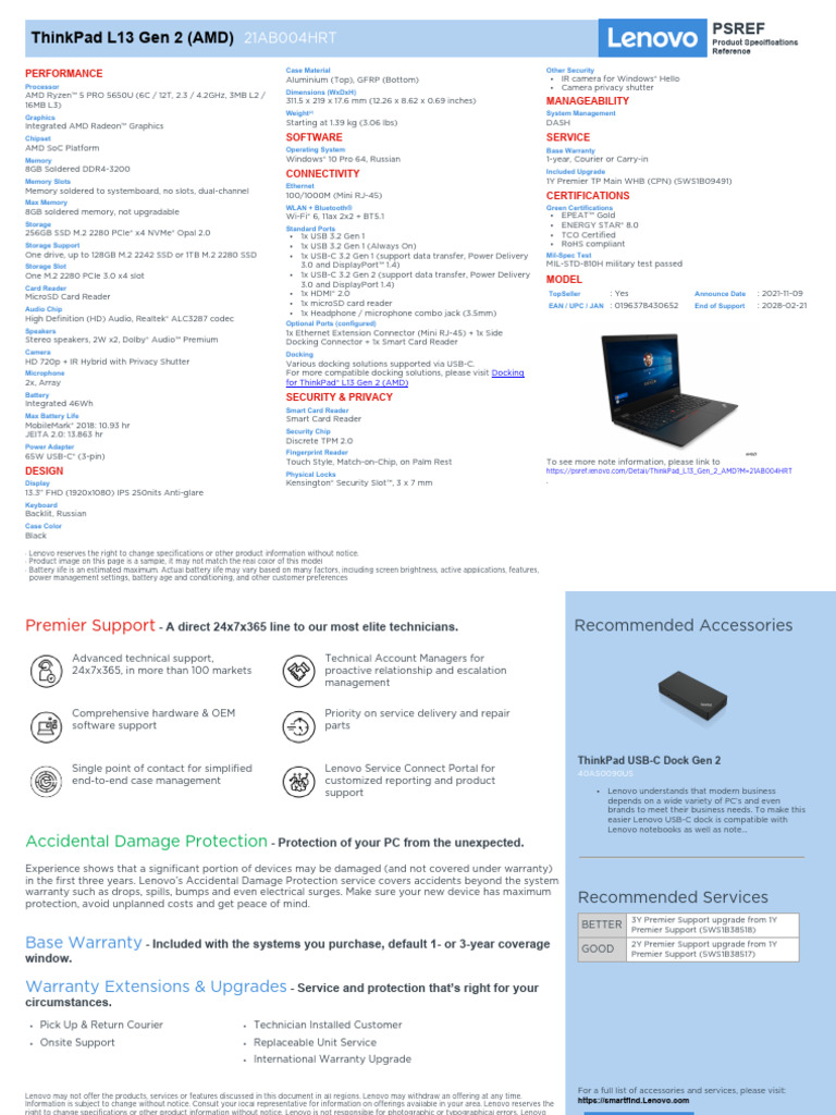 Thinkpad l13 Gen 2 Amd 21ab004hrt | PDF | Hdmi | Consumer Electronics
