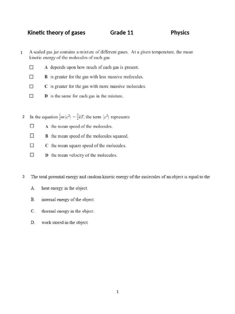 Kinetic Theory of Gases MCQ | PDF