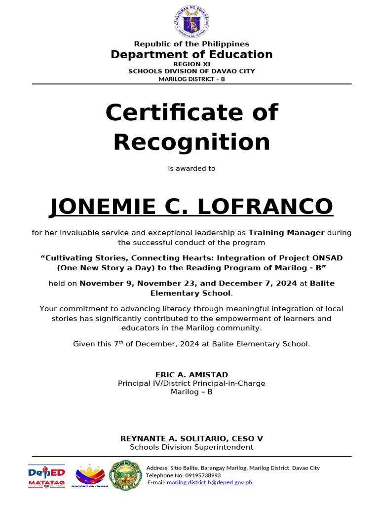 Project ONSAD Cert of Recog | PDF | Teachers | Intelligence