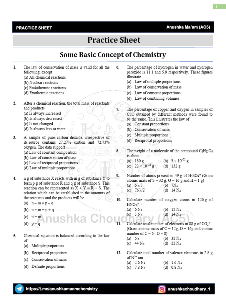 Practice Sheet - Some Basic Concept of Chemistry | PDF | Chemical ...