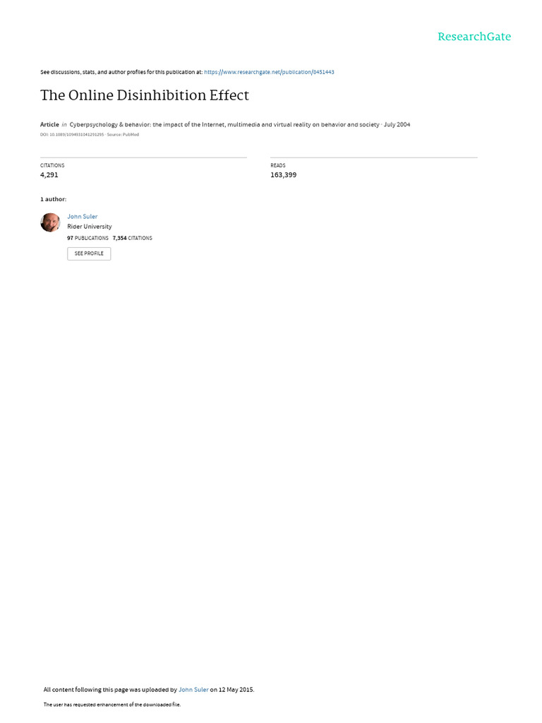 The Online Disinhibition Effect | PDF | Psychoanalysis | Mind