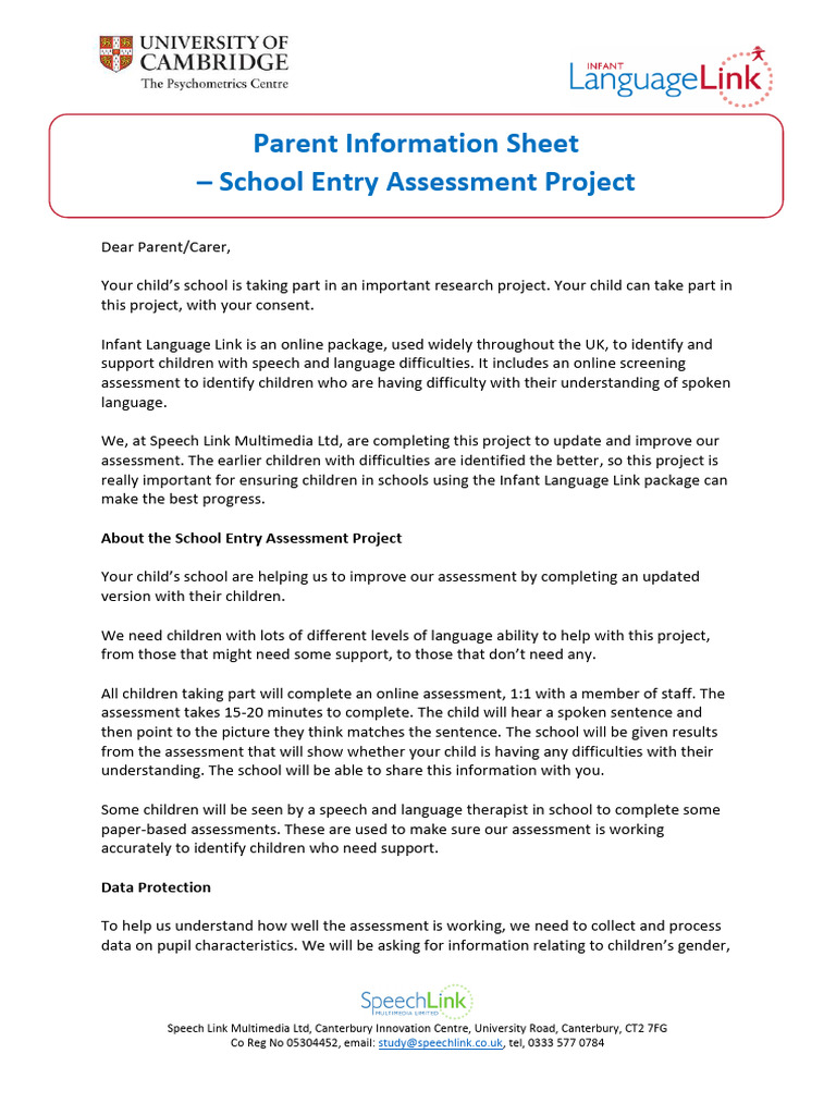 Speechlink - Parent Information Sheet - School Entry Assessment Project ...