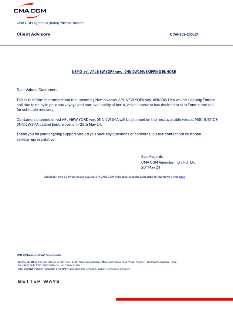 Client Advisory - Nemo - Vsl. Apl New York Voy. - 0nni0w1ma Skipping Ennore - Ccai-259-200524 | PDF