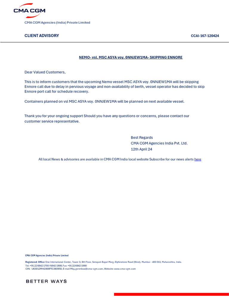 Client Advisory - Nemo- Vsl. Msc Asya Voy. 0nnjew1ma- Skipping Ennore - Ccai-167-120424 | PDF