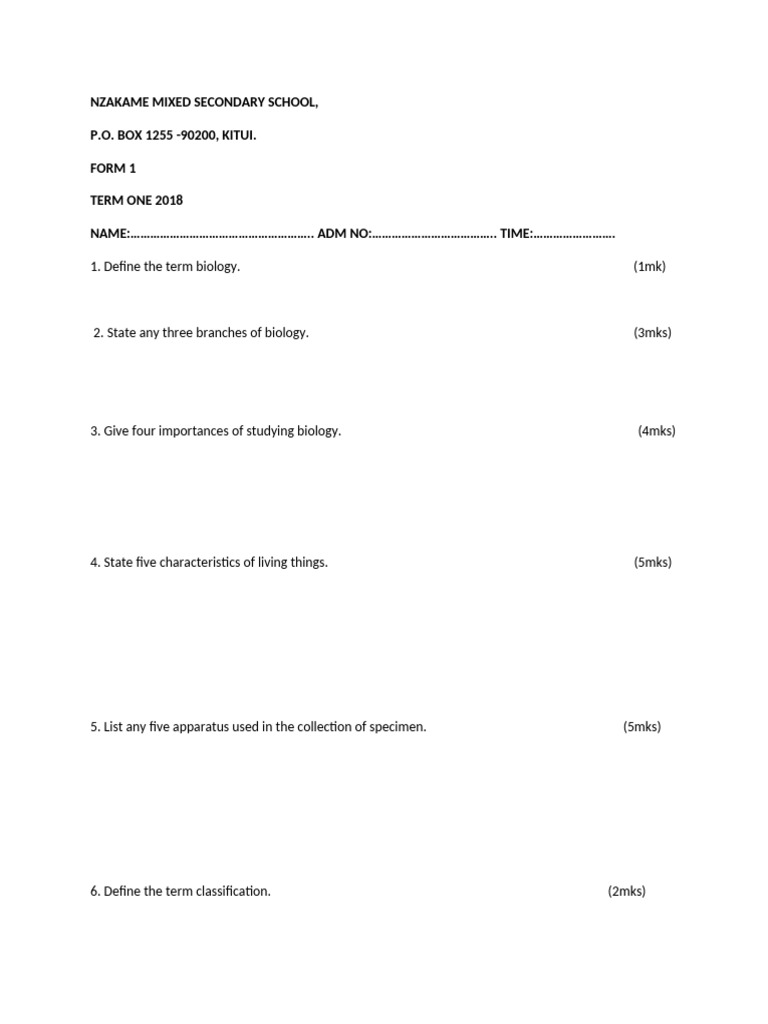 Biology Form One 20118 | PDF
