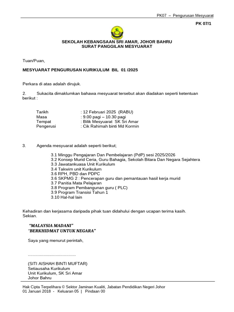 PK07-1 Surat Panggilan Mesyuarat | PDF