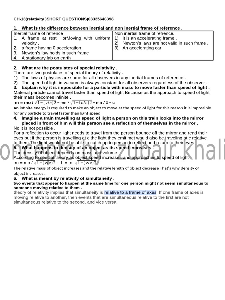 ch- 13 - relativity-SORT QUESTIONS | PDF | Special Relativity | Speed Of Light