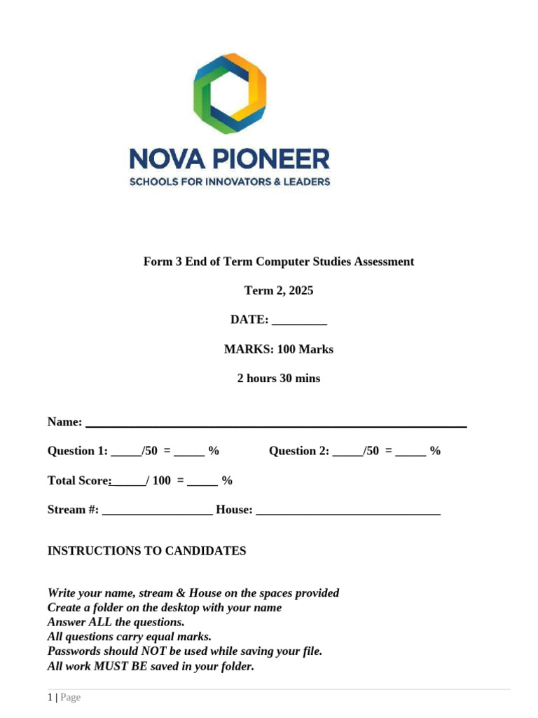 Form 3 Computer Studies Assessment 2025 | PDF | Computer Data Storage | Computing